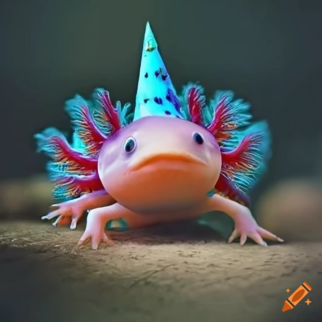 Axolotl wearing a tall red party hat with yellow and blue dots on Craiyon