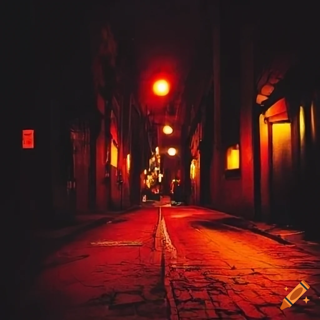 Dark red street at nighttime surrounded by street lights on Craiyon