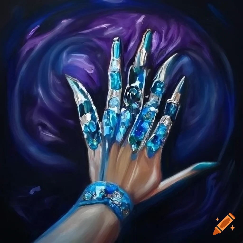 Blue jewelled ring emitting eldritch power on a hand in an oil painting ...