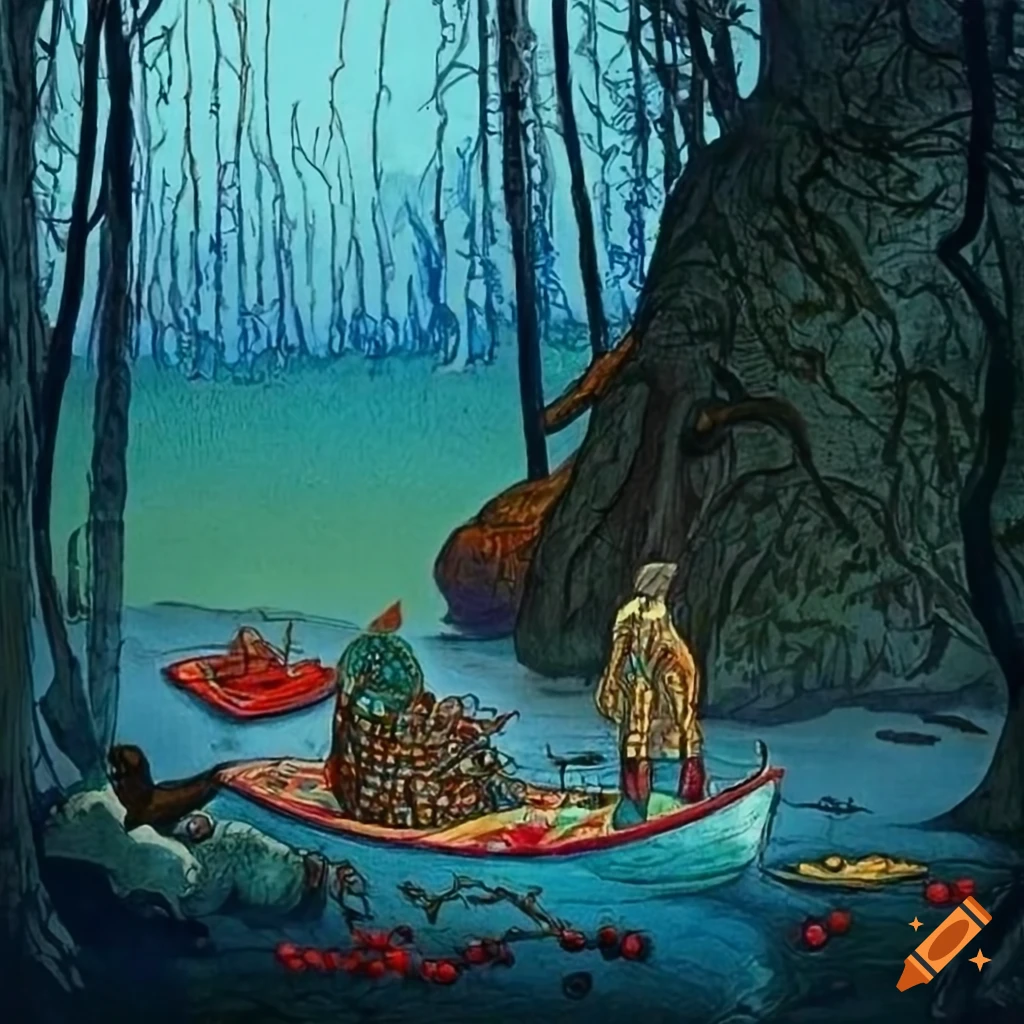 Magical illustration of serpents, oak forest, mountain peaks, and a ...