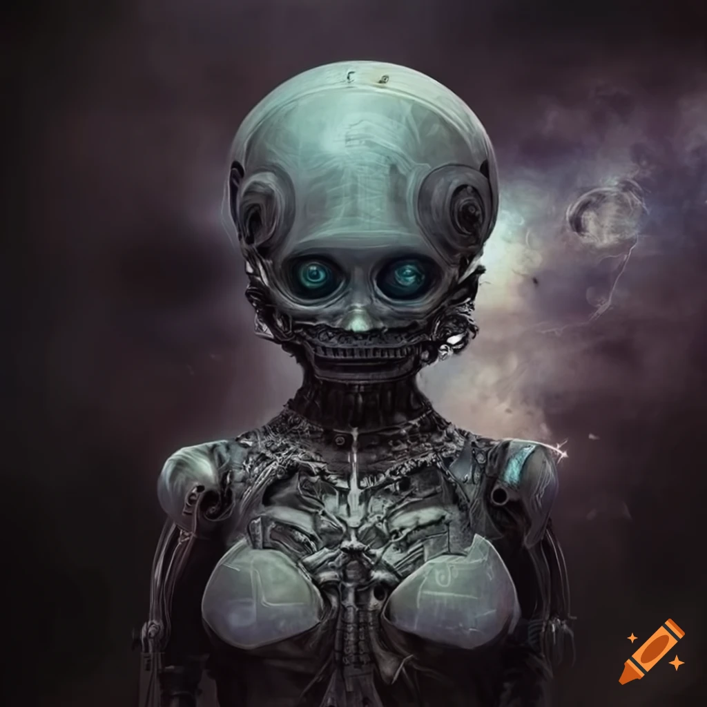 Surrealistic alien robot mother in the control room of an interstellar ...