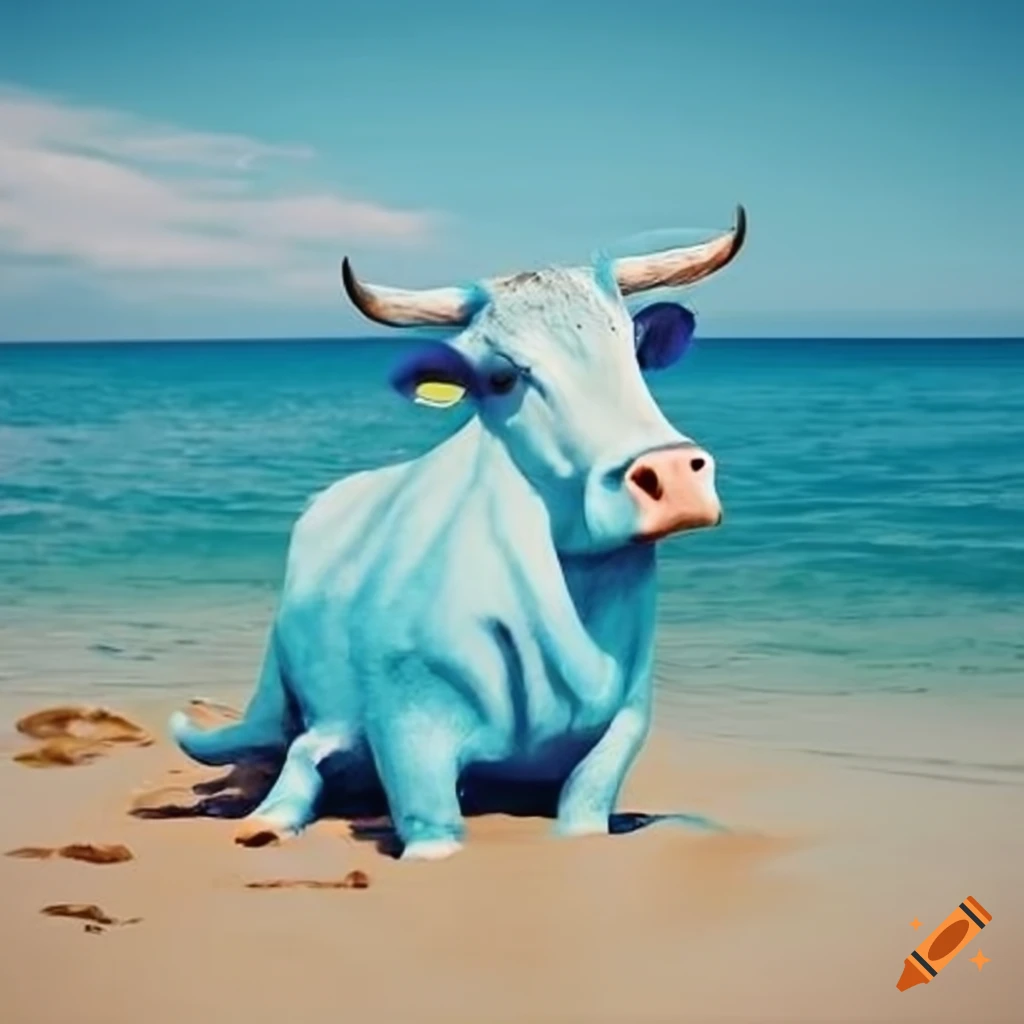 Blue cow on the beach on Craiyon
