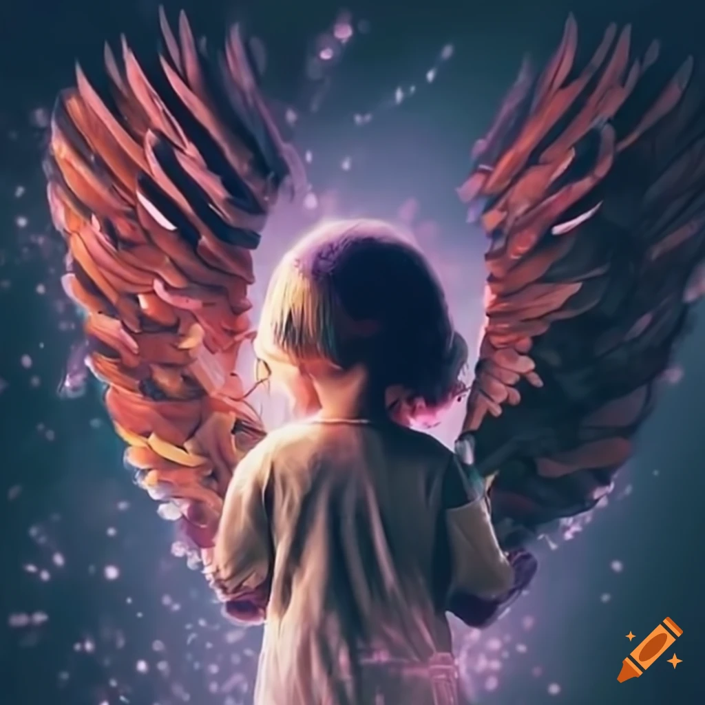 Child gaining wings in a chaotic scene on Craiyon