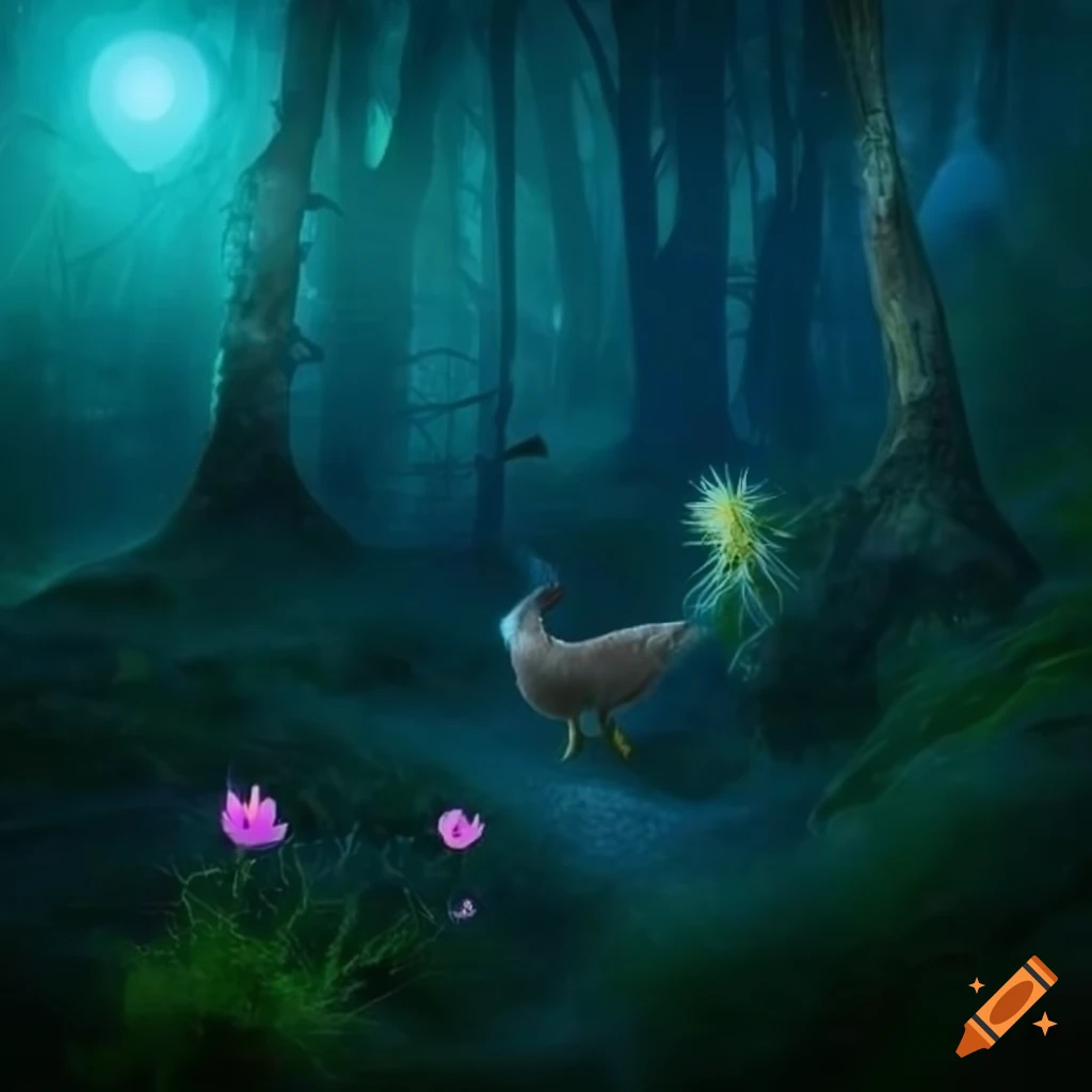 Magical wizard hen in an ethereal forest with wondrous cosmos above on ...