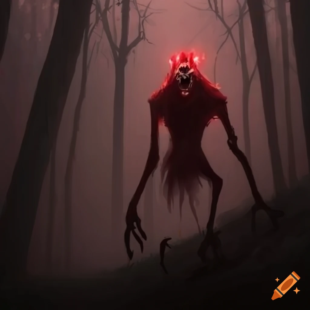 Wendigo With Red Glowing Eyes In Misty Forest At Dusk On Craiyon