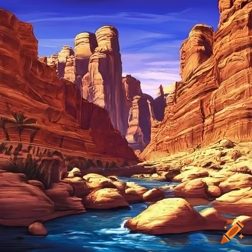 Sandstone canyon with stream, palm trees, and tall cliffs in a fantasy ...
