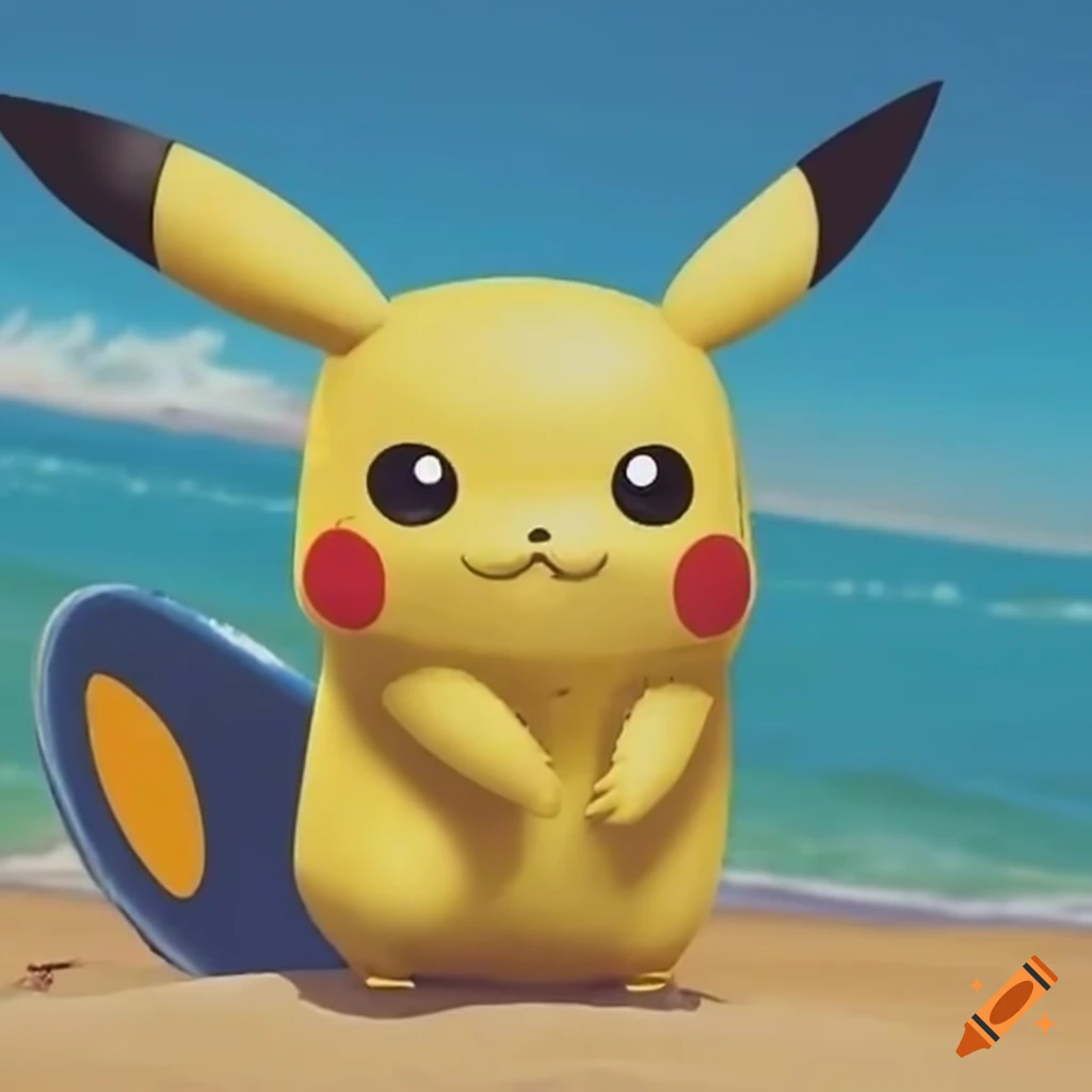 Pikachu surfing with a beach in the background on Craiyon