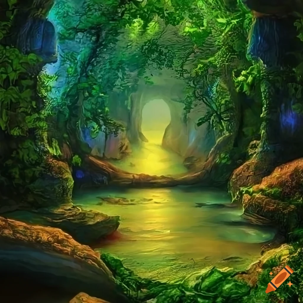 Lush cave with magical glowing berries and serene terraced pools on Craiyon