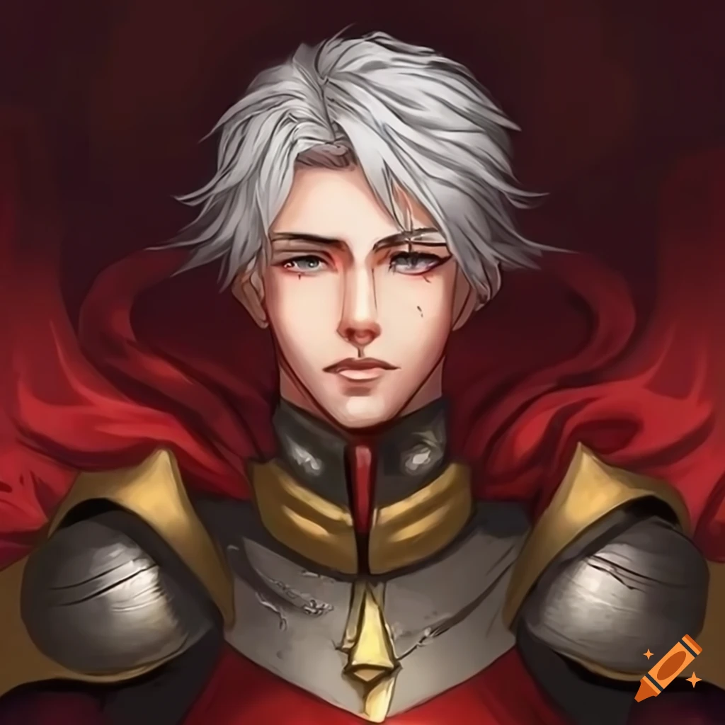 Handsome knight in golden armor and crimson cape with silver blond hair ...