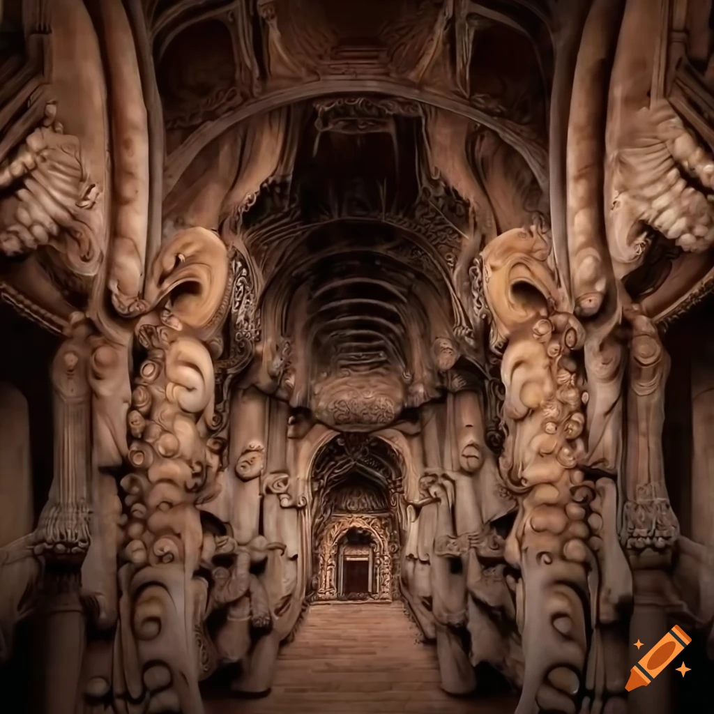 Intricate interior of an old temple with octopus tentacle structure on ...