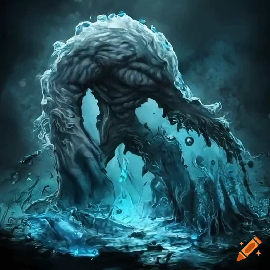 Detailed high quality water elemental in dark and murky setting on Craiyon