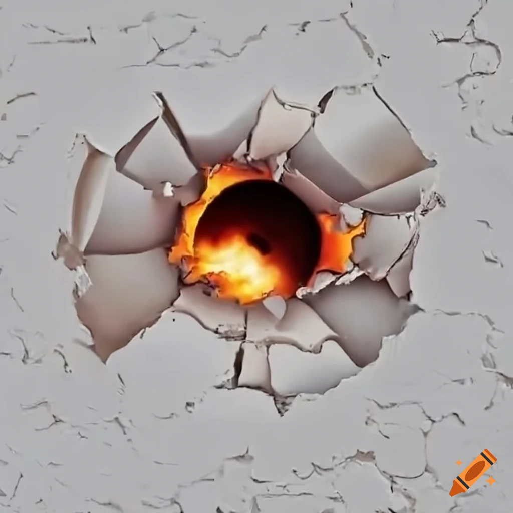 Explosion and flying ceramic brick through a hole in a white wall on ...