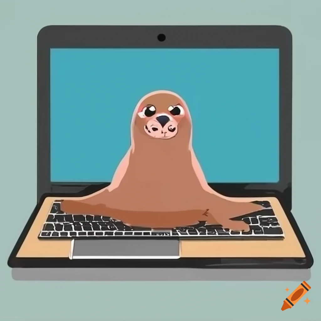 Cute seal sitting in front of a laptop on Craiyon