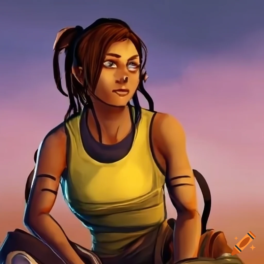 Chell sitting on grass and looking at her phone with a friendly ...