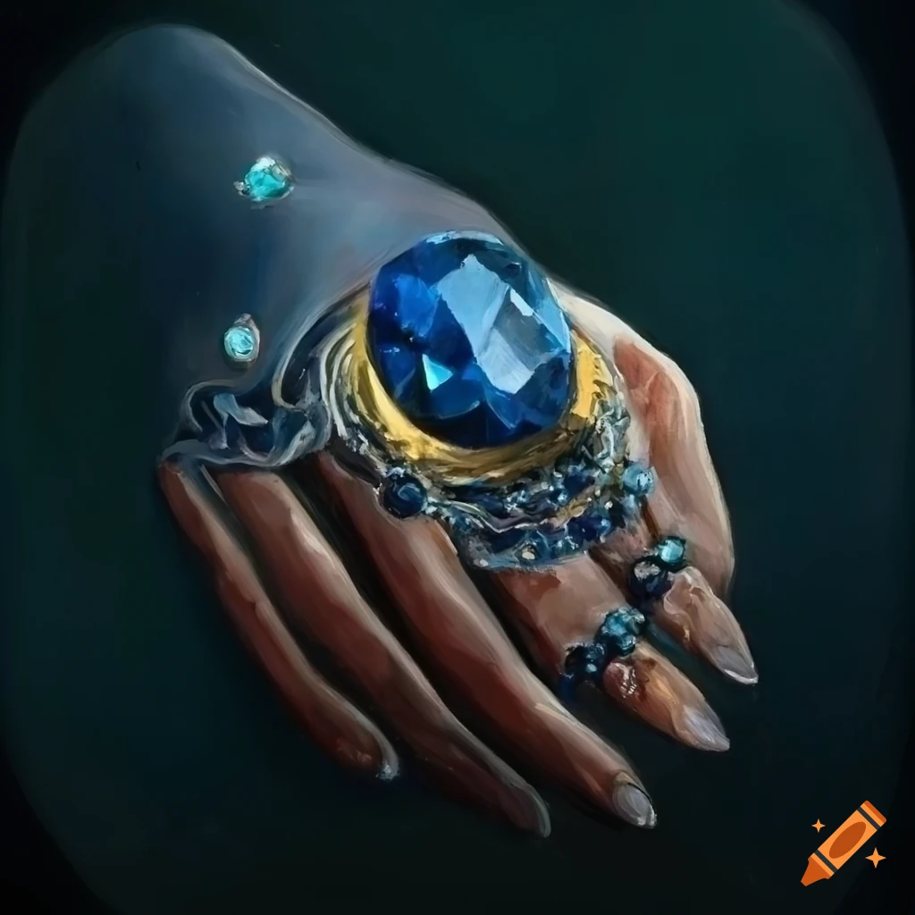 Blue jewelled ring on a hand emanating eldritch power and deep blue ...