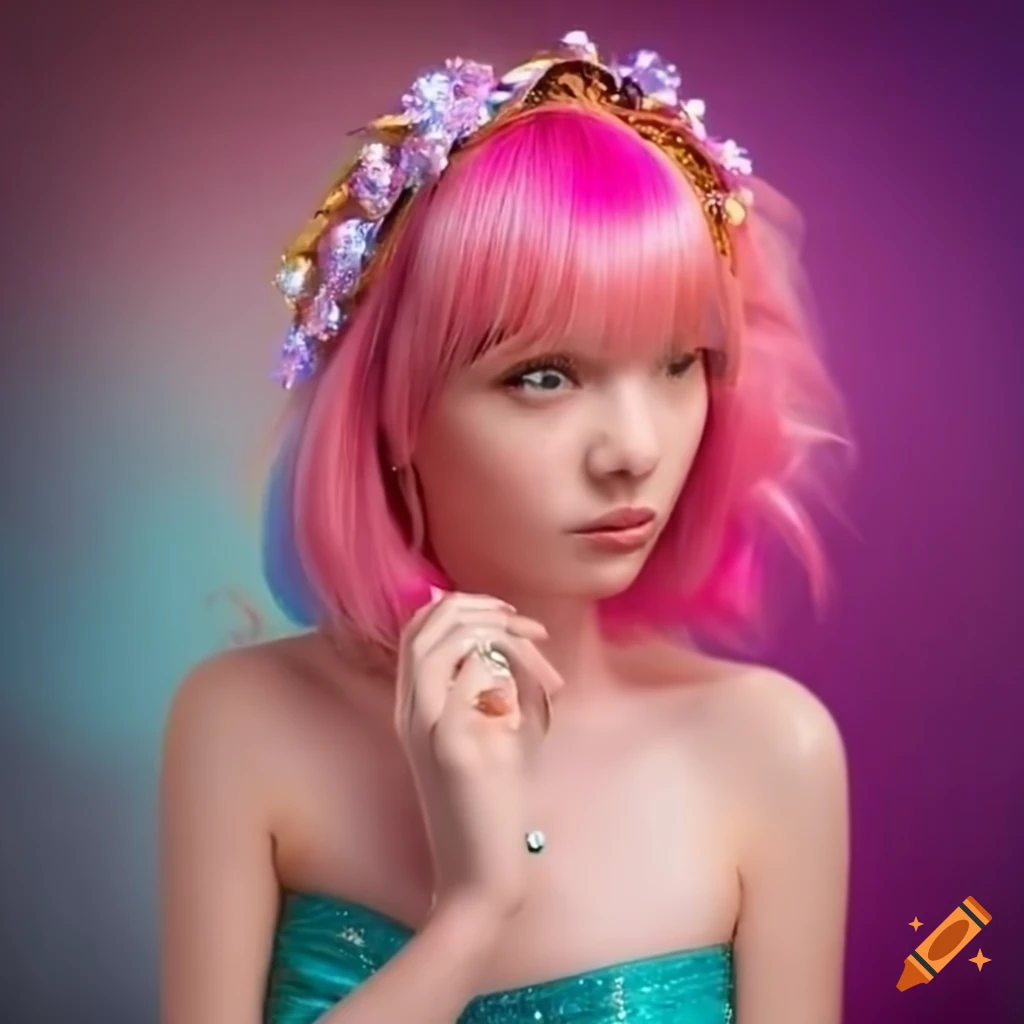 Pink-haired lady sitting on a colorful rainbow with starry hair ...