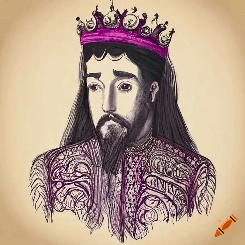 Portrait of a young king with long black hair and purple eyes sitting ...