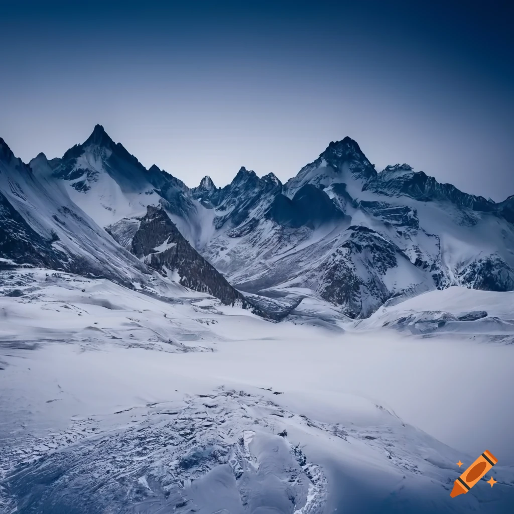Snow-capped mountain range with unique peaks including one with number 2 carved into its snowy ...