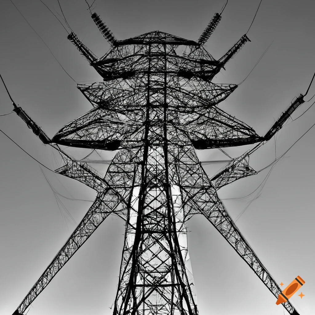 Monochrome photograph of futuristic power pole with symmetry on Craiyon