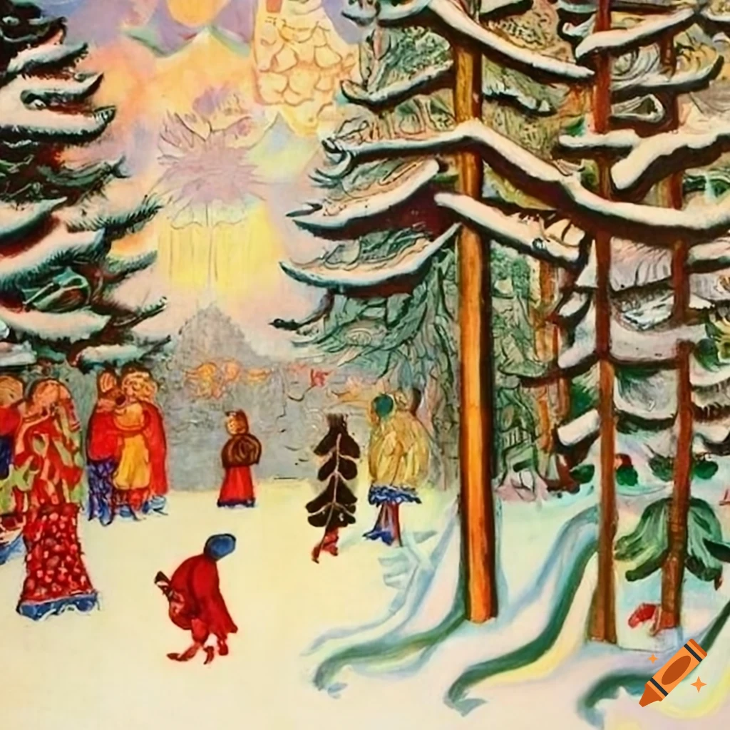 Illustration of a festive christmas forest scene with native salish and ...