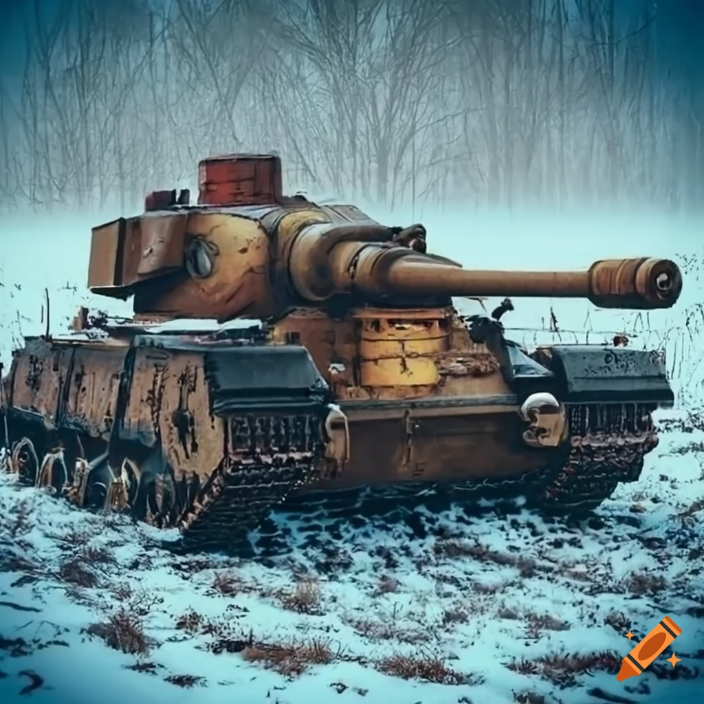 Steampunk war tank in a snowy field on Craiyon
