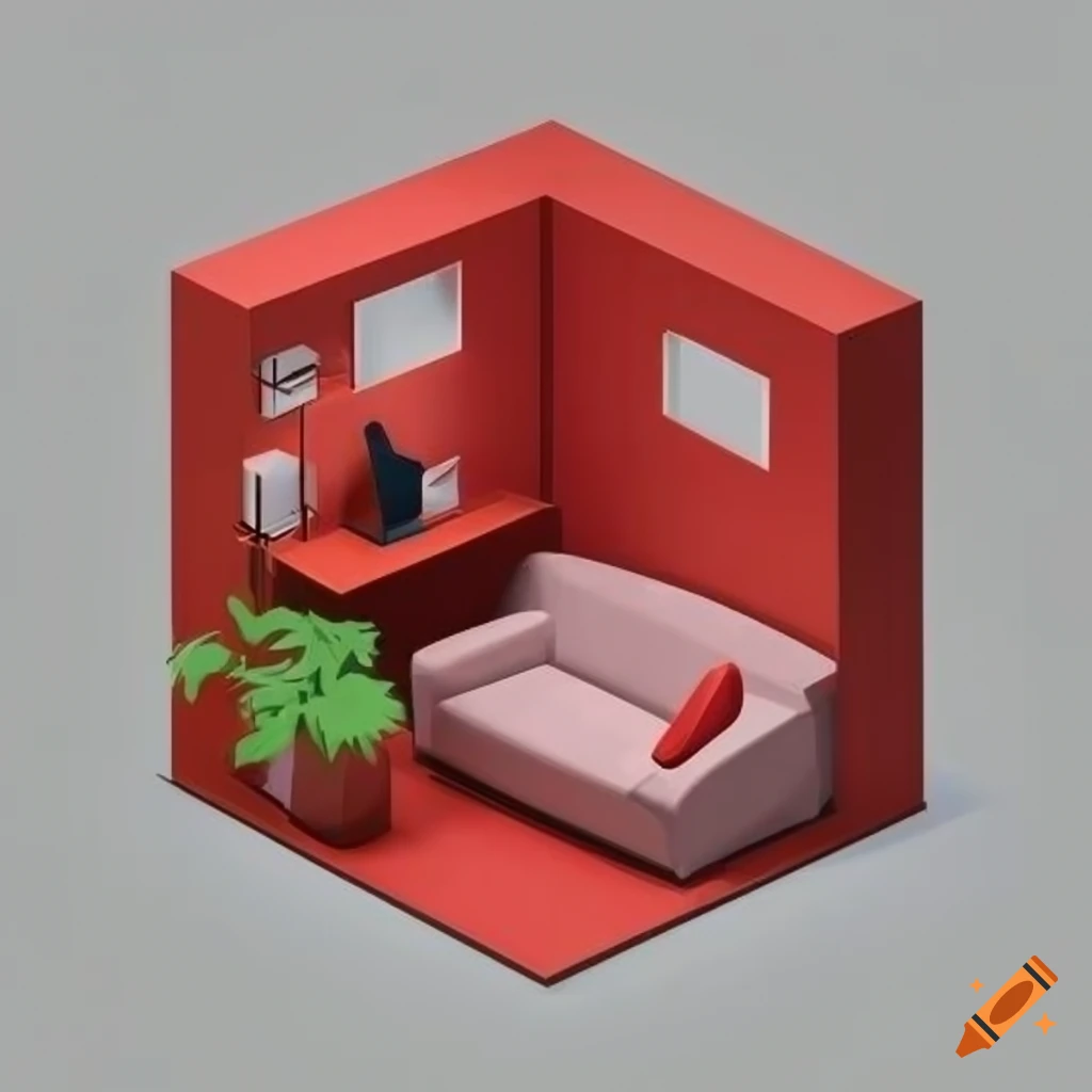 Isometric cozy cube room with a red couch on Craiyon