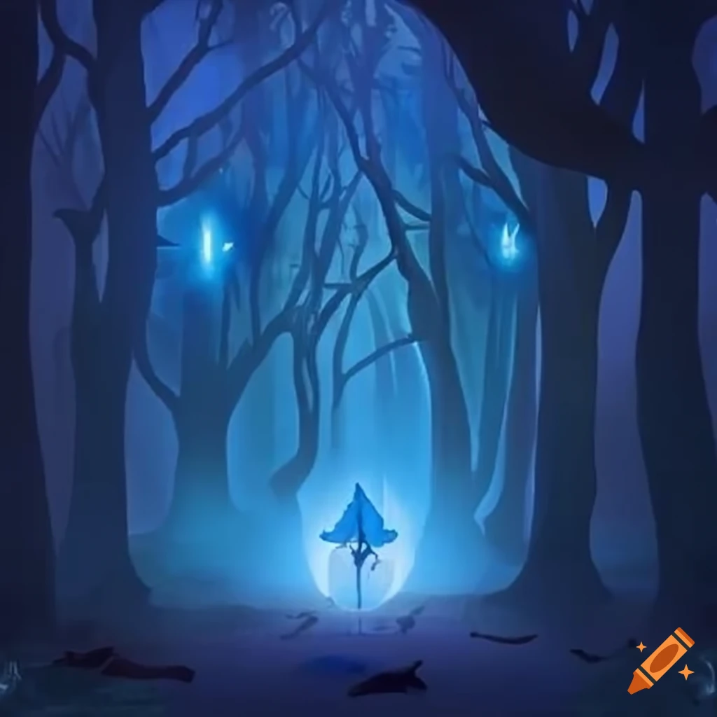 Nostalgic mystical forest with blue magical creatures on Craiyon