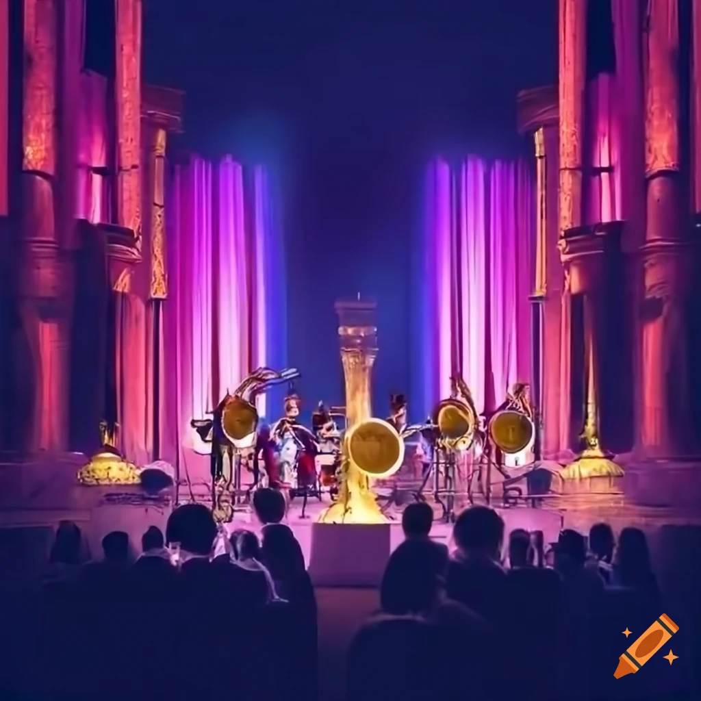 Big band swing band performing on a giant outdoor stage with marble ...