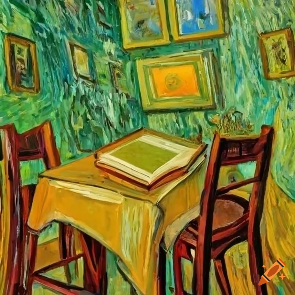 Vibrant painting of a table with open book and chairs in van gogh's ...