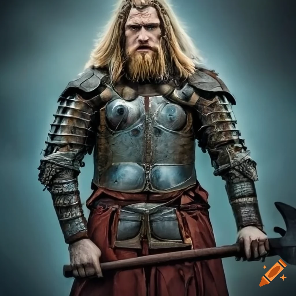 Nordic style thor in heavy armor with a war-hammer standing on a bridge ...