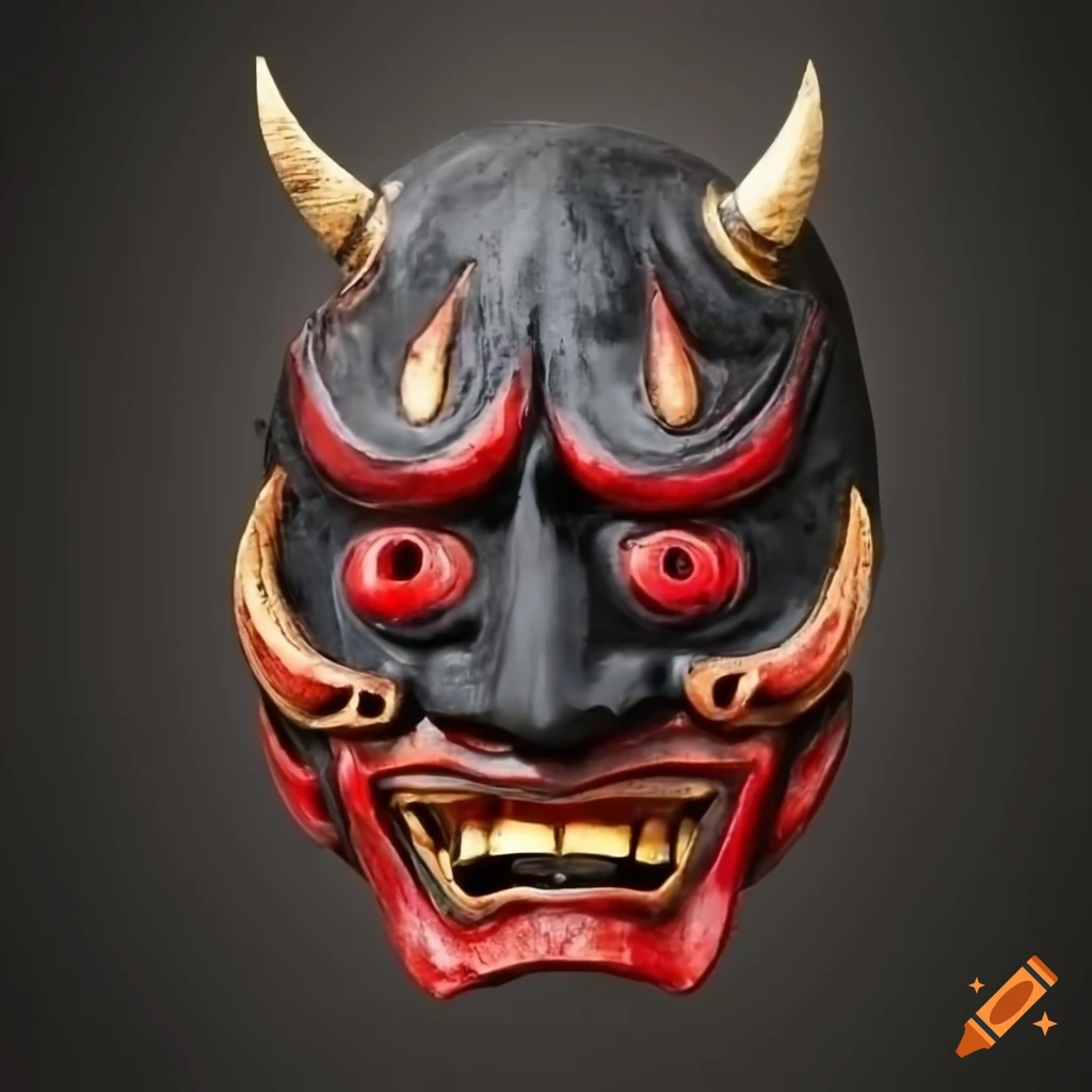 Ancient dark wood mask with red symbols, oni mask on Craiyon