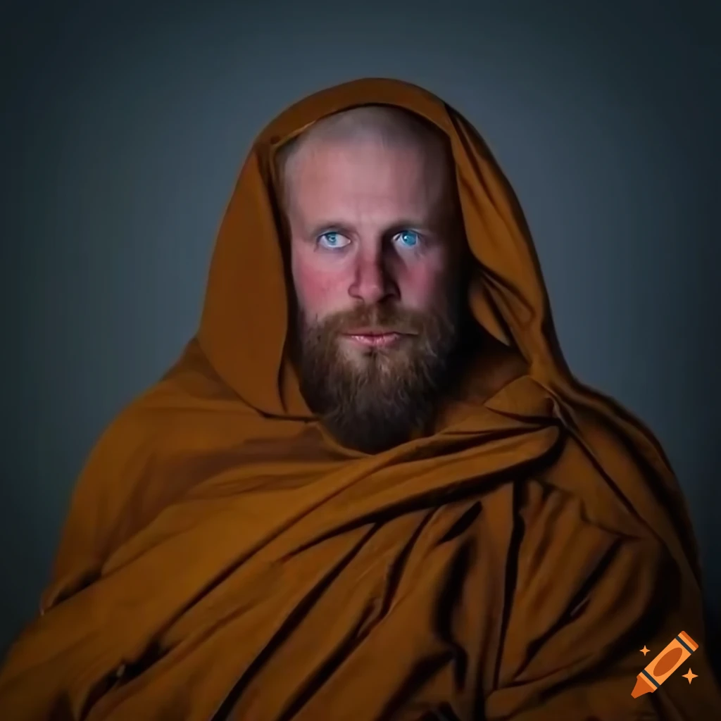 Closeup of caucasian american buddhist monk in robes on Craiyon