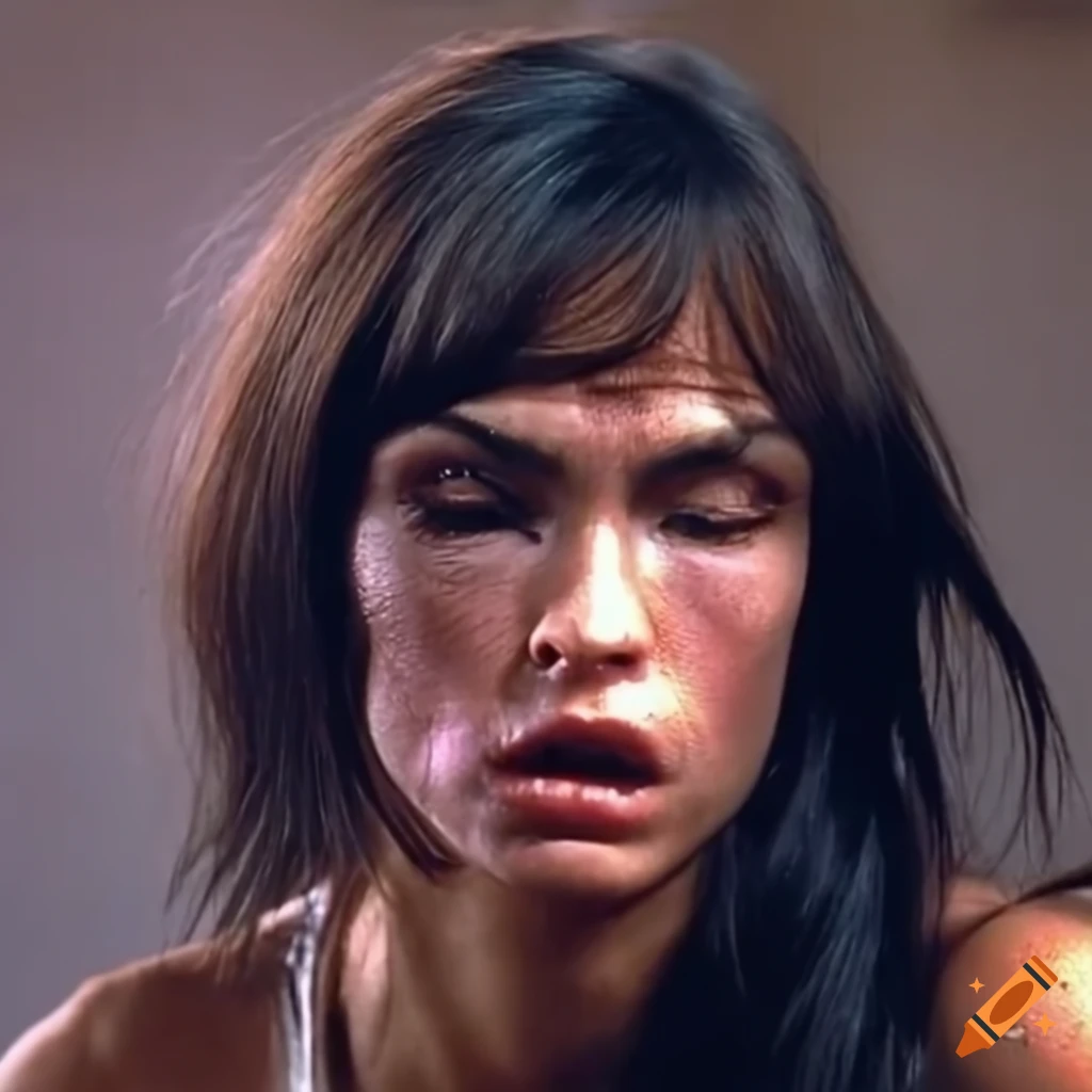 Bruised female martial arts fighter in an 80s movie scene on Craiyon