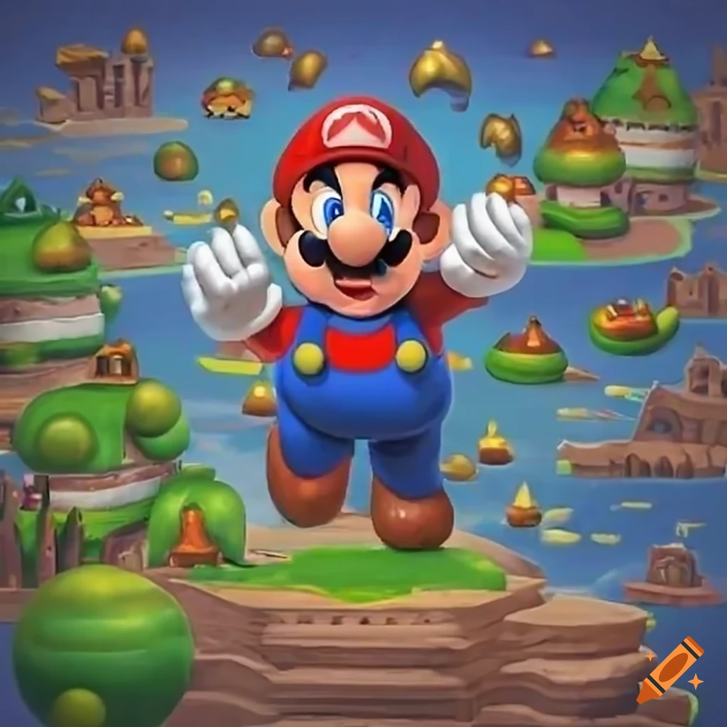 Super mario with diverse terrain in the background on Craiyon