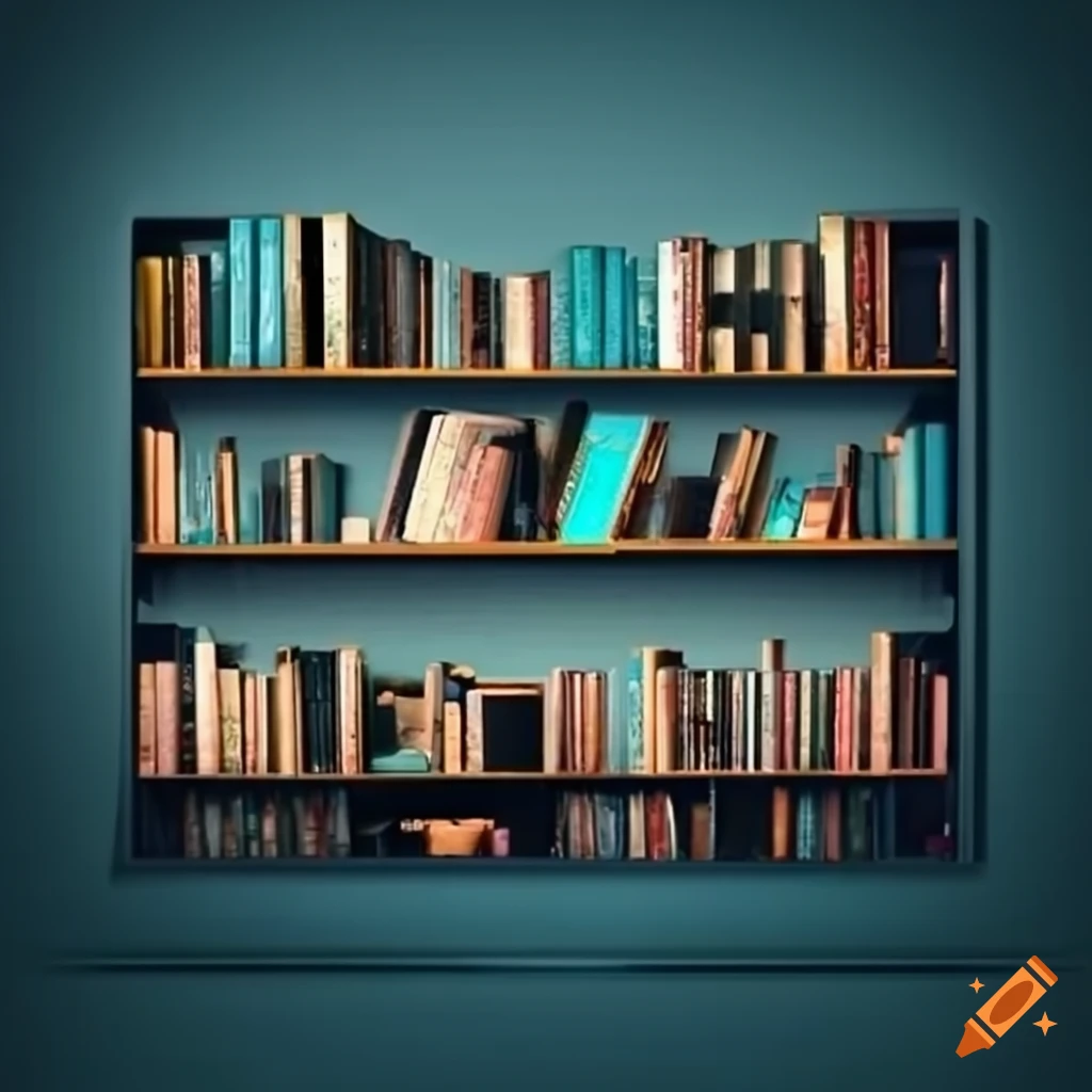 Modern bookshelf with all features in a picturesque landscape on Craiyon