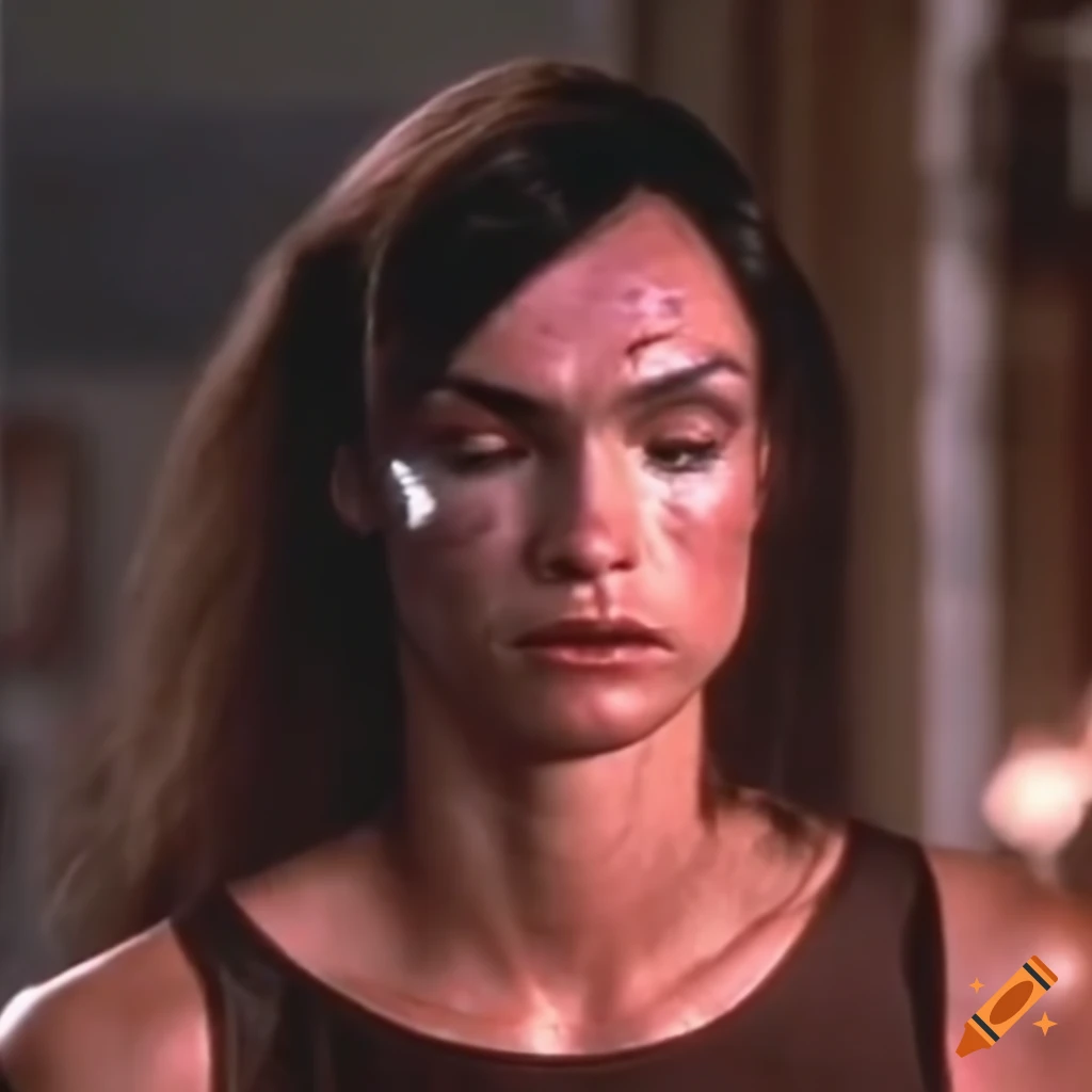 Bruised female martial arts fighter with raised eyebrows and closed ...