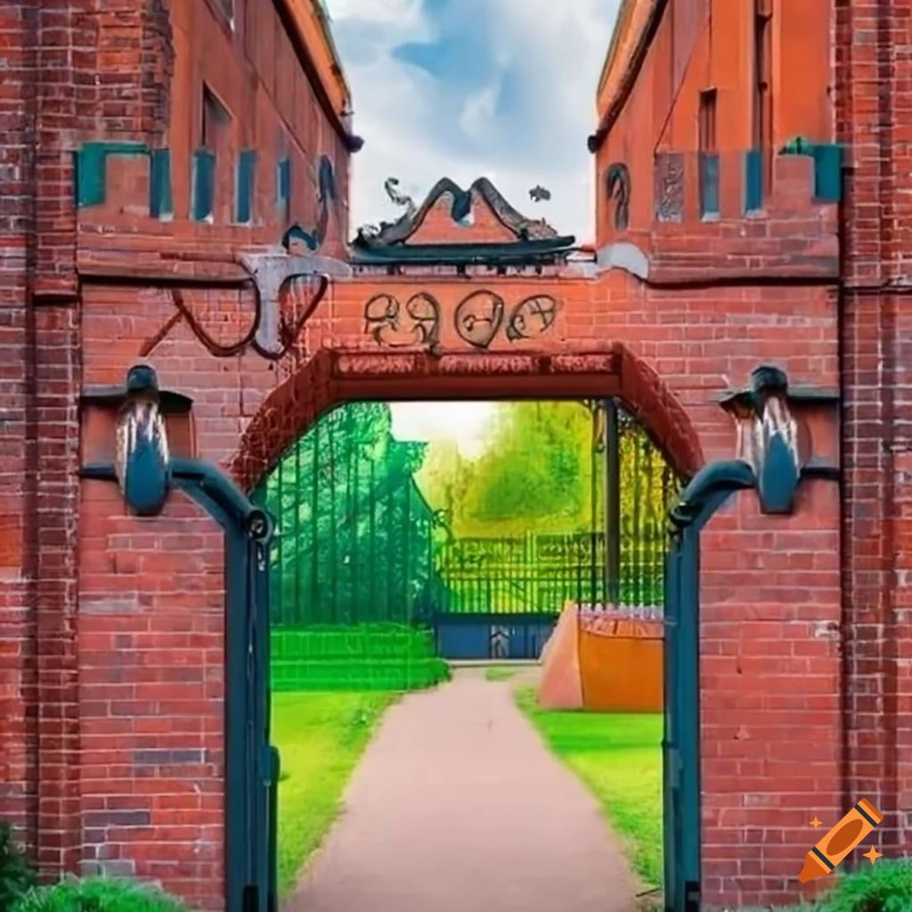 Brick entrance to a zoo with metal gate and zoo sign on Craiyon