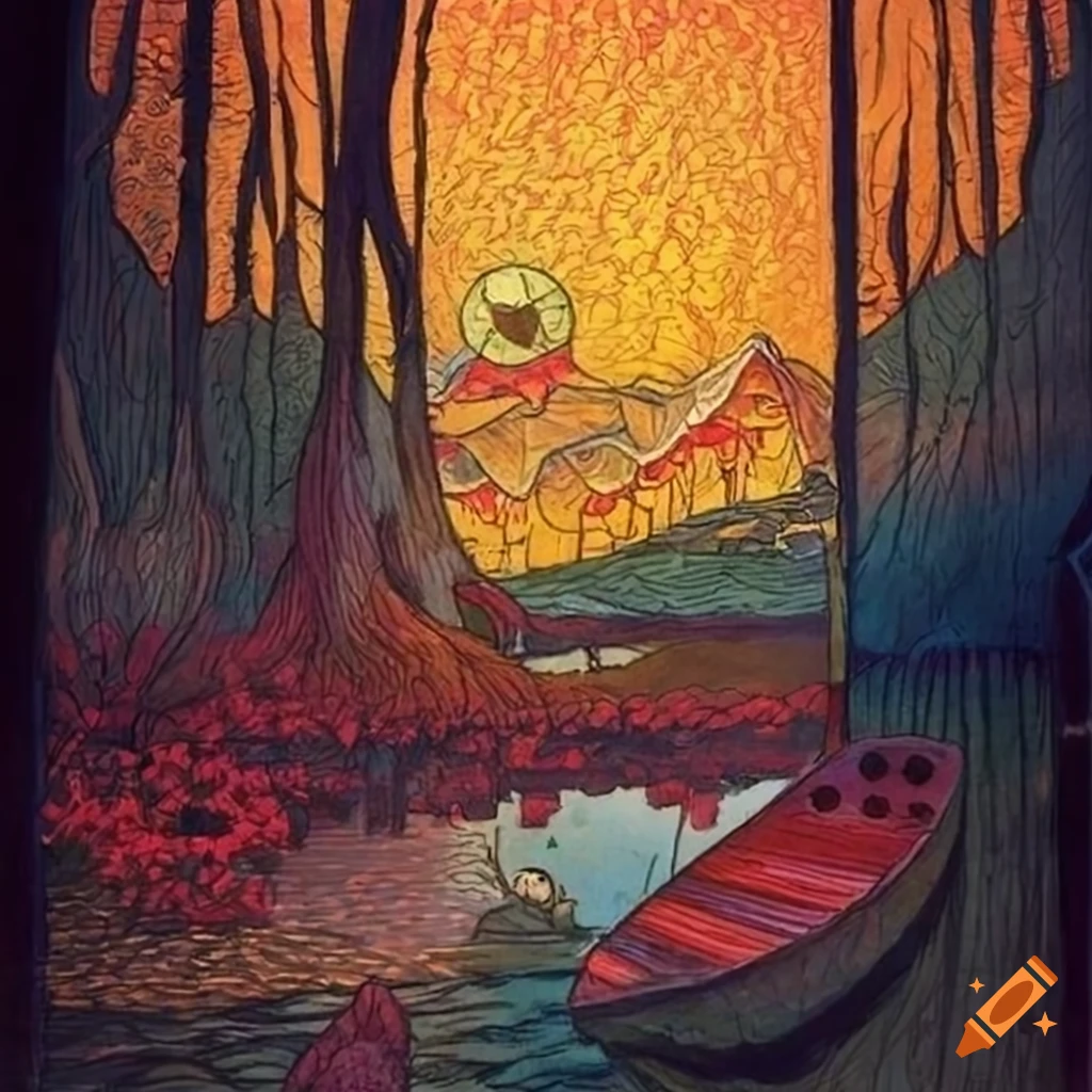 Magical illustration of serpents, oak forest, mountain peaks, and a ...