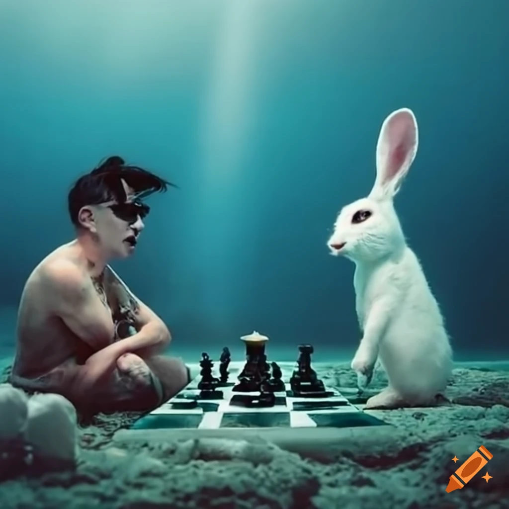 Musician playing chess with a white rabbit underwater on Craiyon