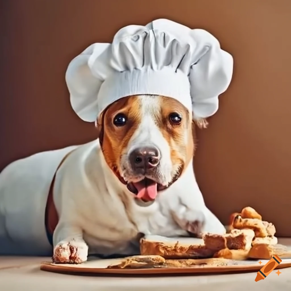 Three dogs in chef hats baking dog treats on Craiyon