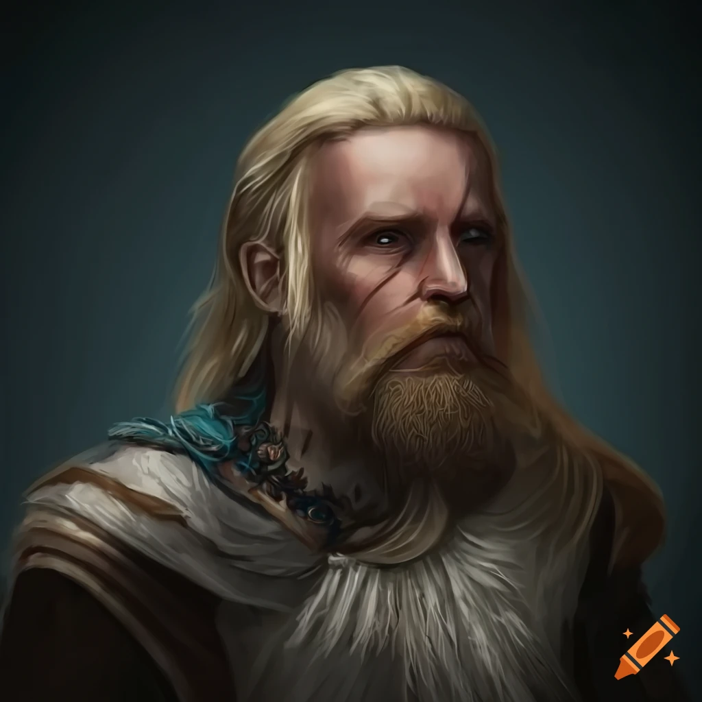 Portrait of human male warrior with blonde hair and beard in viking ...
