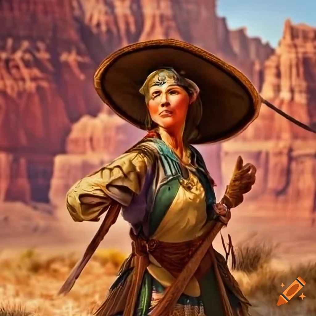 Strange humanoid figure with a long musket in a desert canyon on Craiyon