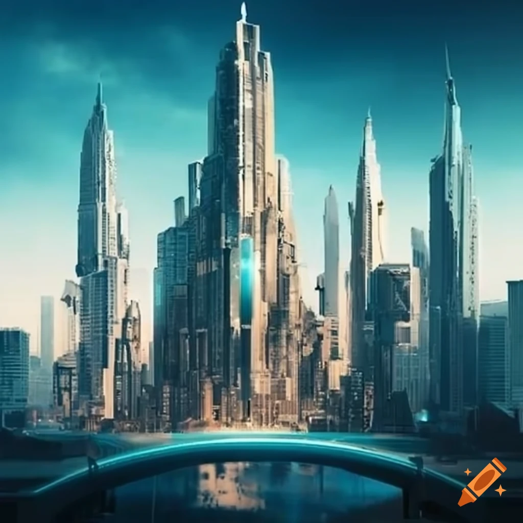 Futuristic city skyline from a distance on Craiyon