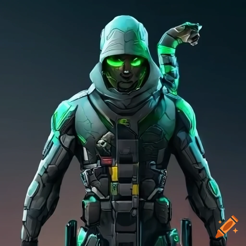 Futuristic rogue in high-tech outfit with piercing green eyes on Craiyon