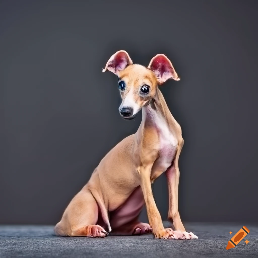Scared tan italian greyhound puppy against a black background on Craiyon