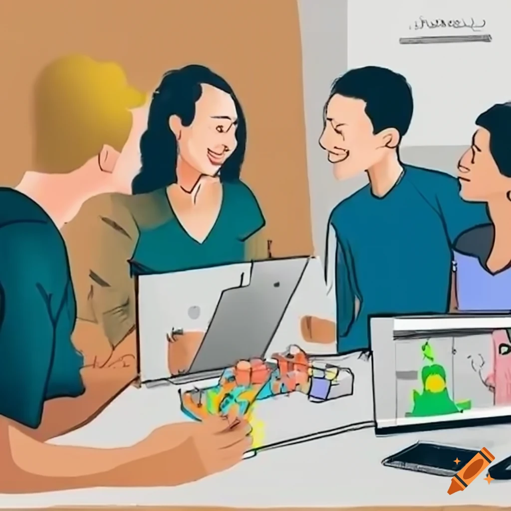 Happy tech team collaborating on innovative software project on Craiyon