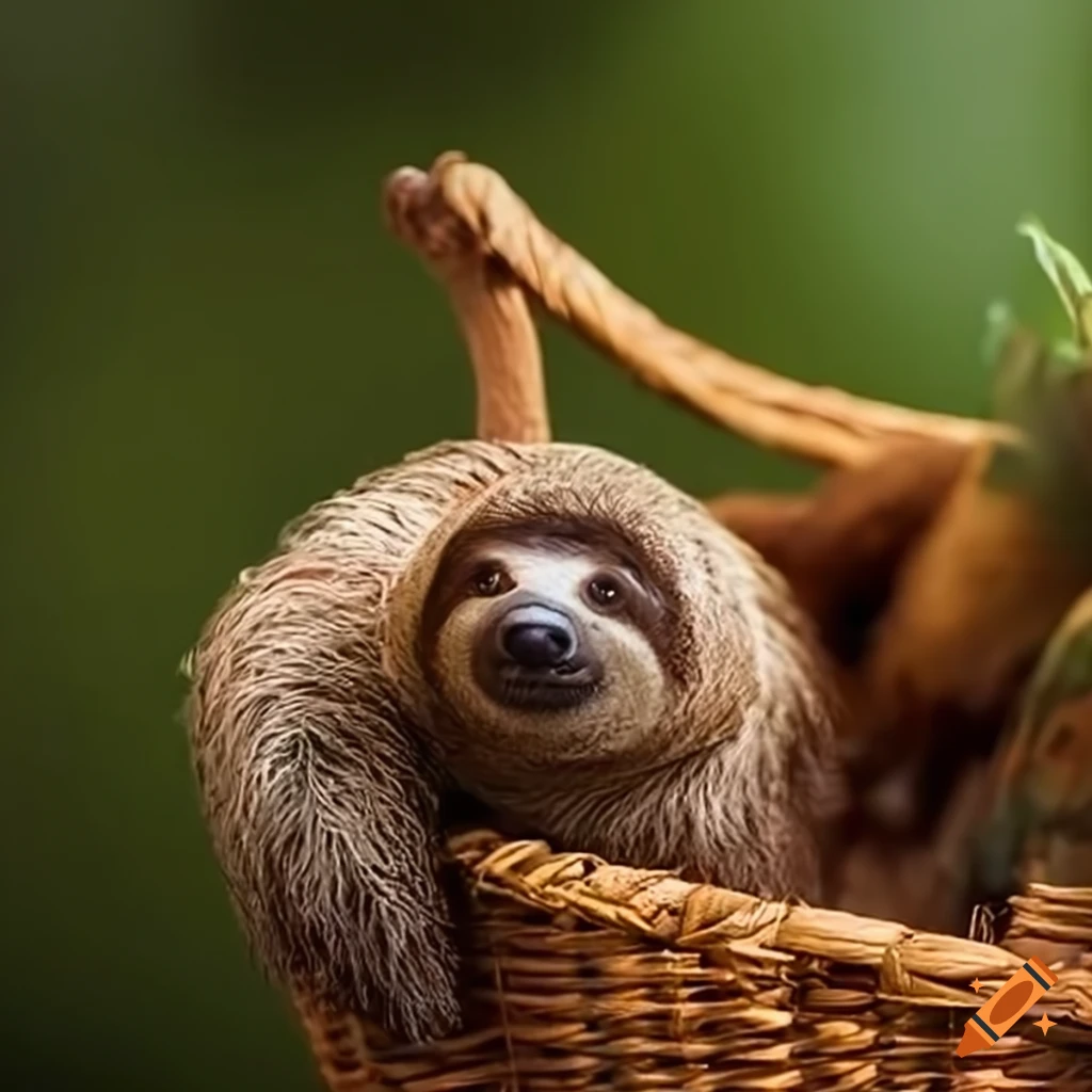 Bountiful harvest of sloth in a wicker basket on Craiyon