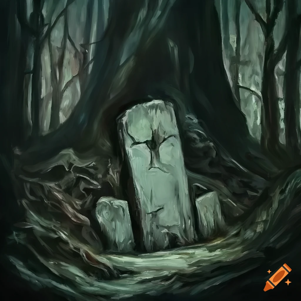 Broken grave stone in the dark woods, death metal art on Craiyon