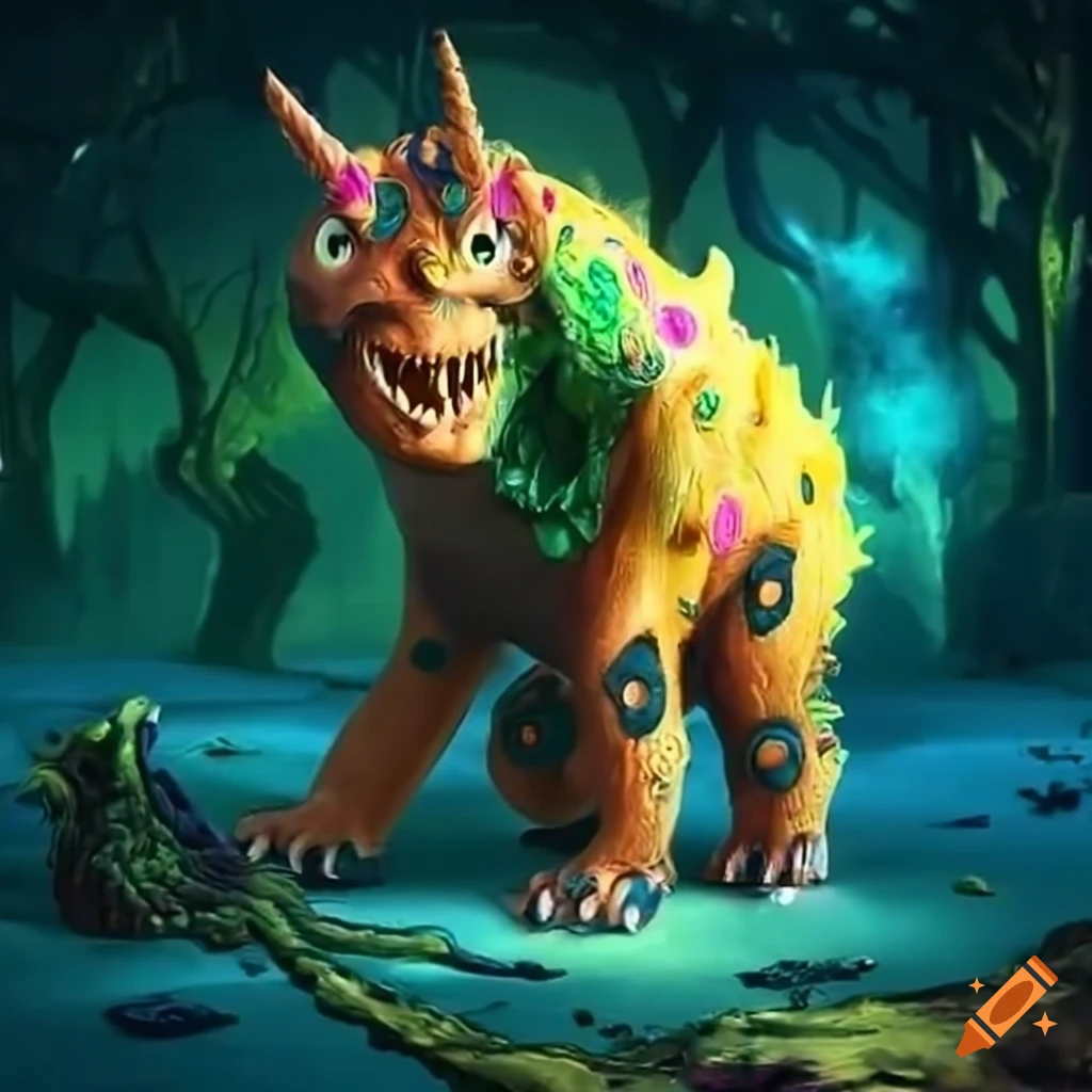 Illustration of mythical creatures and mutant omega mart lemon fruit ...