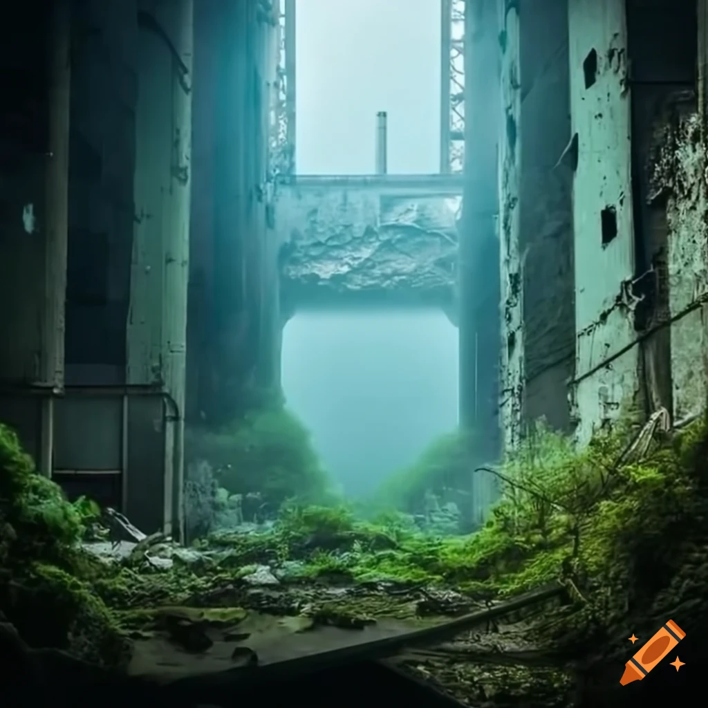Abandoned industrial factory and high-tech ruins in a foggy wasteland ...